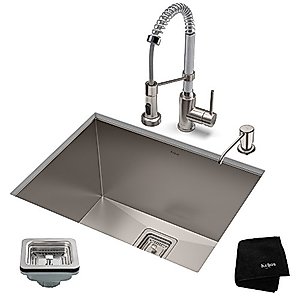 KRAUS 24-inch 18 Gauge Pax Laundry and Utility Sink Combo Set with Bolden 18-inch Kitchen Faucet and Soap Dispenser, Stainless Steel Chrome KHU24L-1610-53SSCH