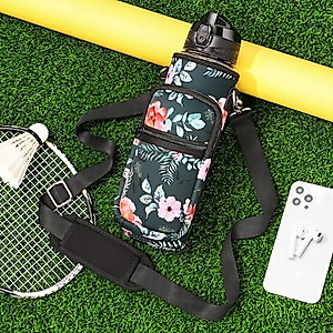 Fimibuke 32 oz Water Bottle with Sleeve - BPA Free Leakproof Sport Large 1L Plastic Motivational Water Bottle with Straw Strap Insulated Neoprene Holder Carrier Bag for Women Men(A9.Retro Rose)