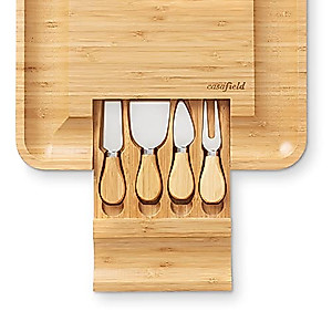 Casafield Organic Bamboo Cheese Cutting Board & Knife Gift Set - Wooden Serving Tray for Charcuterie Meat Platter, Fruit & Crackers - Slide Out Drawer with 4 Stainless Steel Knives