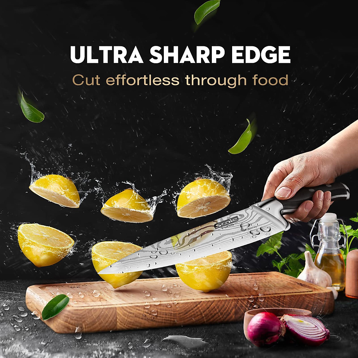 SCOLE® Chef Knife Bundle - Razor Sharp Chefs Knife 8 Inch VG-10 Super Damascus Steel (Natural Pakka Wood Handle) + Ultra Sharp Kitchen Knife Set 7-Piece (Triple Rivet Handle) (2 Items Bundle)