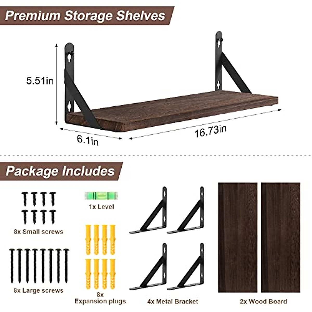 Uten Floating Shelves, Solid Wood Wall Mounted Shelf for Bathroom, Kitchen, Bedroom, Living Room with The Spirit Level and Metal Bracket, 17 Inch Floating Bathroom Shelves Set of 2, Brown