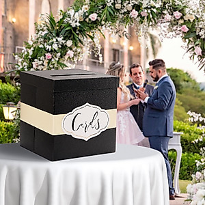 PAPER FAIR Black Glitter Gift Card Box for Reception, Large 10'' with Ribbon, Personalized Card labels, Wedding, Christmas, Birthday, Graduation, Bridal Baby Shower Money Box Party Supply Decor