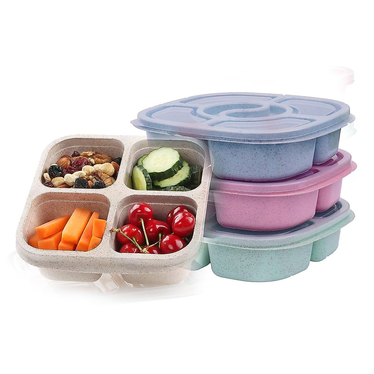 TurtingAs Snack Containers, 4 Pack Reusable Bento Snack Box, 4 Compartments Meal Prep Lunch Containers for Kids Adults, Divided Food Storage Containers for School Work Travel