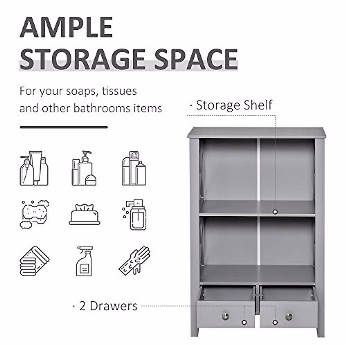 kleankin X- Frame Freestanding Floor Bathroom Storage with Two Drawers, Storage Organizer, Cabinet with 3 Shelves, Grey