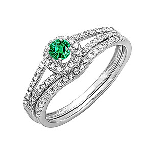 Dazzlingrock Collection 14K Round Emerald And White Diamond Bridal Halo Engagement Ring Wedding Band Set, White Gold, Size 6