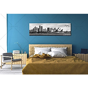 DJSYLIFE Sydney Skyline Wall Art Decor Canvas Print Black and White City Building Landscape Poster Australia Cityscape Modern Artwork Painting for Bedroom Office Home Decoration - 13.8" x 47.3"