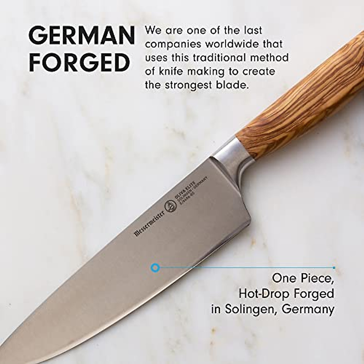 Messermeister Oliva Elite Stealth 8” Chef’s Knife - Fine German Steel Alloy Blade & Natural Mediterranean Olive Wood Handle - Rust Resistant & Easy to Maintain