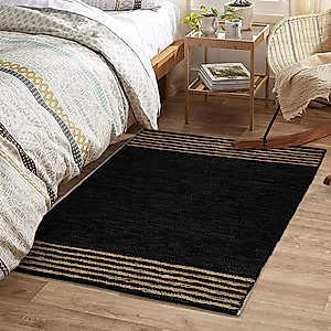 GRUHUM Jute Area Rug 4x6 ft Black Natural Leather Handmade Boho Farmhouse Rustic Vintage Eco Friendly Soft Braided Rug for Indoor Kitchen Bedroom Living Room Hallways Enterways 4'x6' ft Rectangle