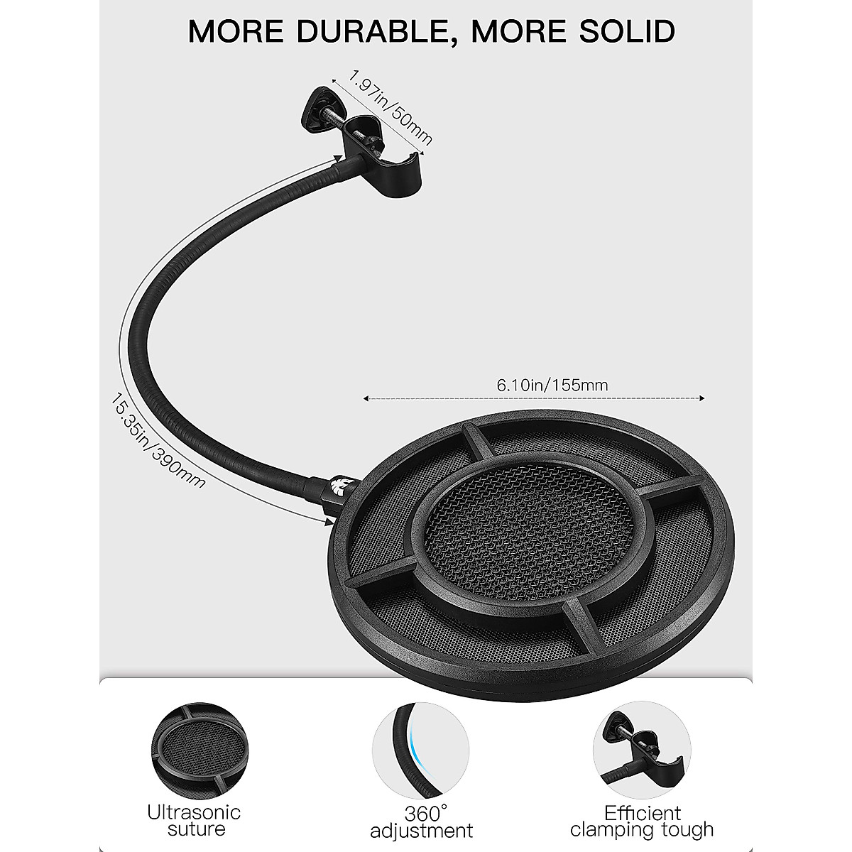 Mic Pop Filter, Professional Metallic Mic Pop Filter Mesh for Blue Yeti and Any Other Mic, ARISEN Dual Layered Microphone Pop Filter, Mic Filter with A Flexible 360° Gooseneck Clip Stabilizing Arm