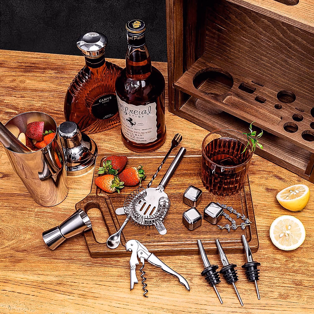 Oyydecor 18 Piece Cocktail Shaker Set with Rustic Pine Stand, Gifts for Men Dad Grandpa,Stainless Steel Bartender Kit Bar Tools Set, Home, Bars, Parties and Traveling (Silver)