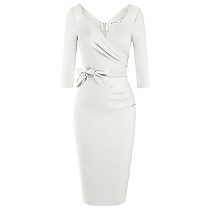 MUXXN Lady Bowknot Tie Pleated Waist Wedding White Tea Length Dress with Sleeves (Off White XL)