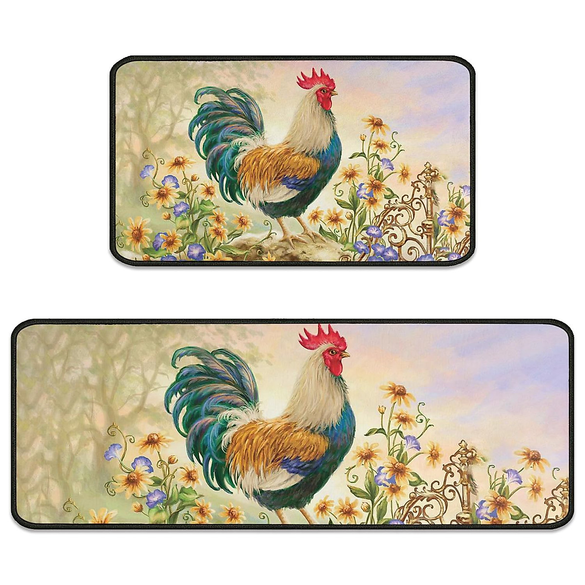 2Pcs Rooster Farmhouse Theme Rugs for Kitchen Floor 2 Pieces Farmhouse Style Kitchen Mats for Kitchen Decor Non Slip Washable Standing Kitchen Runner Mats 17"x30"+17"x47"