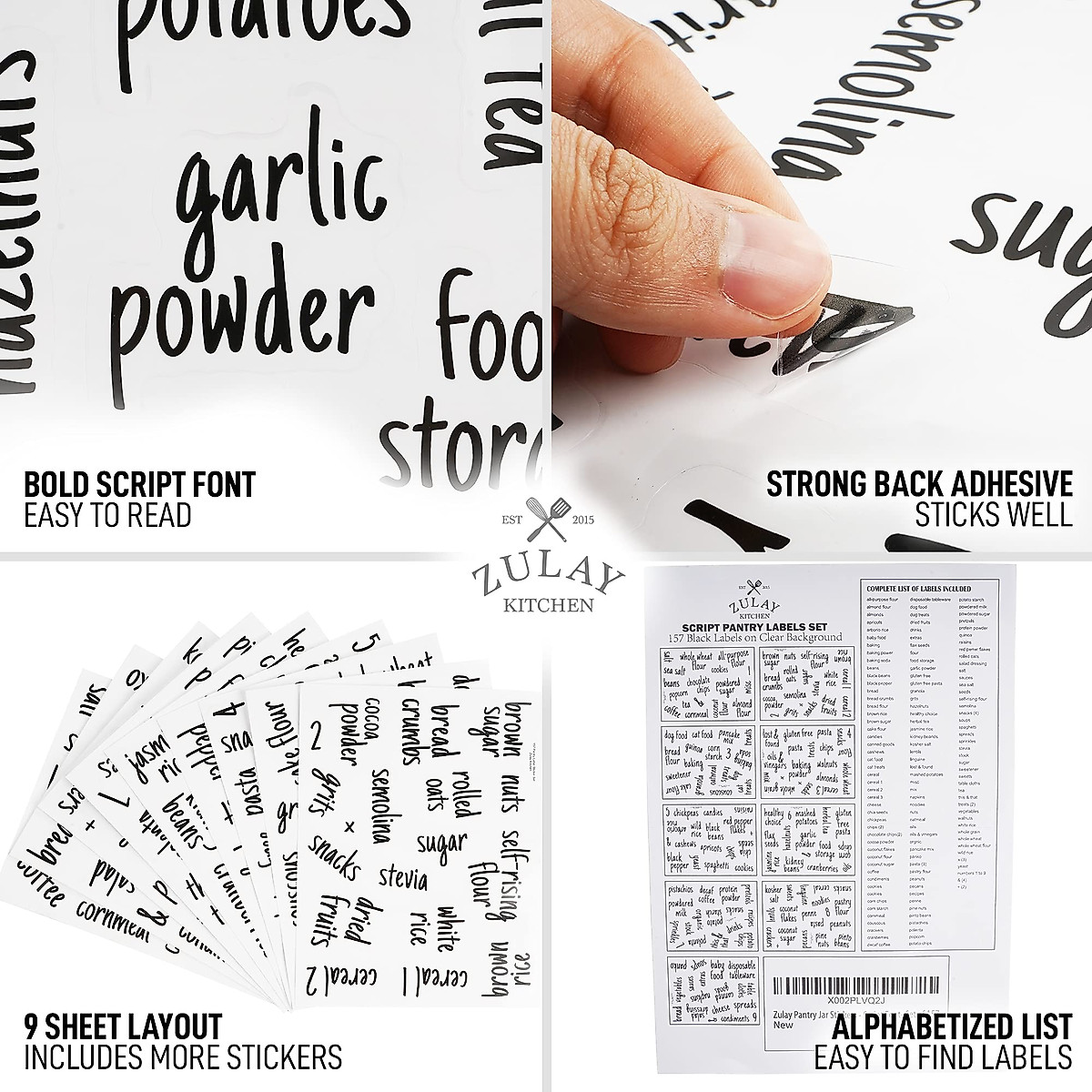 Zulay 157 Script Kitchen Pantry Labels for Containers - Preprinted Bold Cursive Kitchen Labels for Containers with Clear Background - Water Resistant Storage Container Labels Pantry Organization