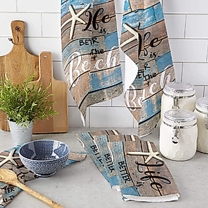 Kitchen Dish Towels 3 Pack-Super Absorbent Soft Microfiber,Marine Life Starfish Beach Life is Better at The Beach Rustic Wood Grain Cleaning Dishcloth Hand Towels Tea Towels for Kitchen Bathroom Bar