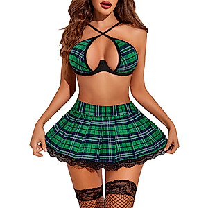 Avidlove Lingerie Set for Women with Underwire Two Piece Lingerie Sets Sexy Push Up Lingerie Set with Pleated Mini Skirt Green L