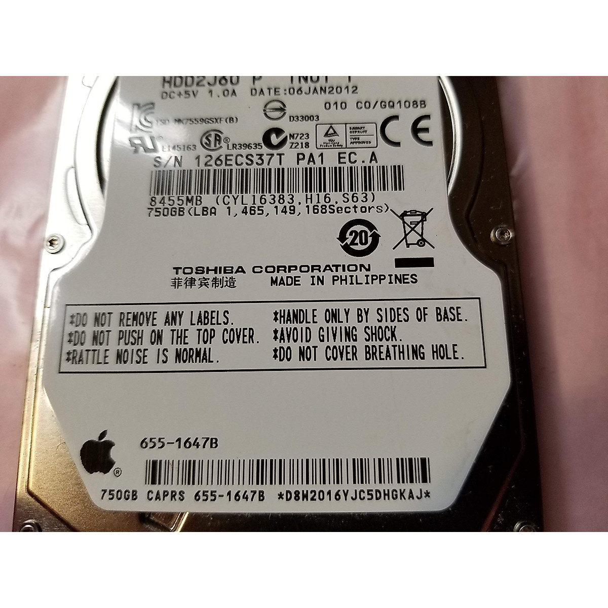 MK7559GSXF, C0/GQ108B, HDD2J60 P TN01 T, Toshiba 750GB SATA 2.5 Hard Drive (Certified Refurbished)