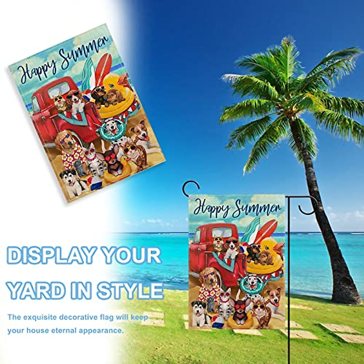 Covido Happy Summer Red Truck Coastal Decorative Garden Flag, Dogs Beach Yard Nautical Outside Decoration, Ocean Outdoor Small Burlap Home Decor Double Sided 12 x 18