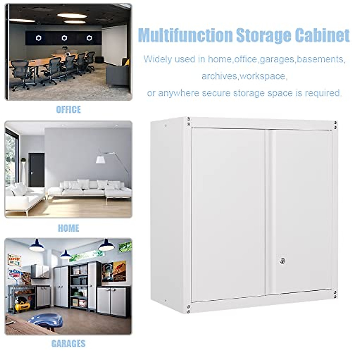 GREATMEET Metal Storage Cabinet with Lock and Doors,Steel Garage Wall Storage Cabinet,Garage Upper Cabinet,Wall Mounted Metal Cabinet for Garage, White