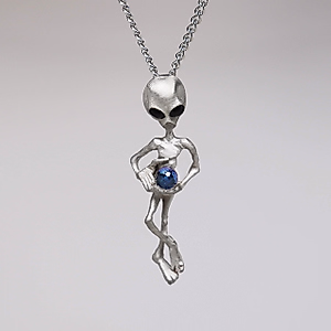 Real Metal UFO Alien Holding Crystal Ball Silver Finish Pendant Necklace