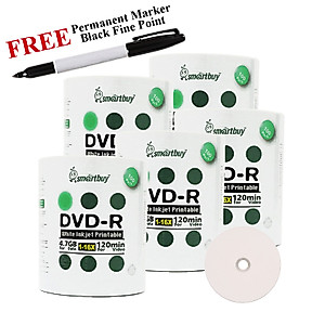 Smartbuy 500-disc 4.7GB/120min 16x DVD-R White Inkjet Hub Printable Blank Media Disc + Black Permanent Marker