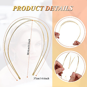 Syhood 4 Pieces Metal Double Layer Headbands Row Wire Headband for Women Wedding Hair Band Elastic Metal Hairband for Girls (Gold,Round)