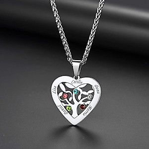 U7 Mothers Necklace Personalized Custom Family Branch Tree Heart Necklace with Crystal Birthstone Stainless Steel Hypoallergenic 2-6 Names Engraved Necklaces for Mom Grandma Wife