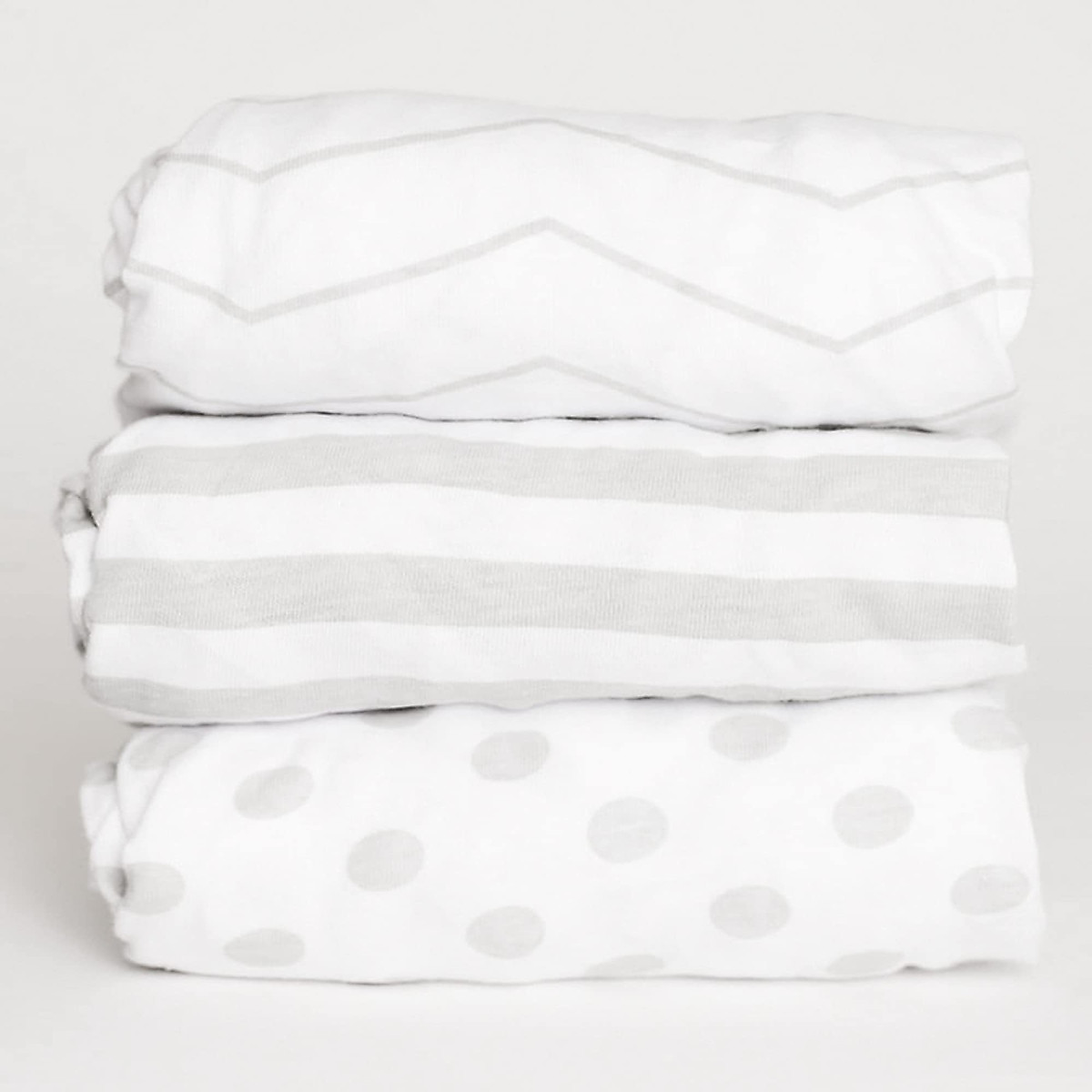 NODNAL CO. 3 Fitted Gray Mini Crib Pack n Play Playard Portable Crib Sheets Set - 100% OEKO-TEX Cotton Baby Girl/Boy Nursery Bedding, Gender Neutral Polka Dot Stripe Travel Pack and Play Playpen Sheet