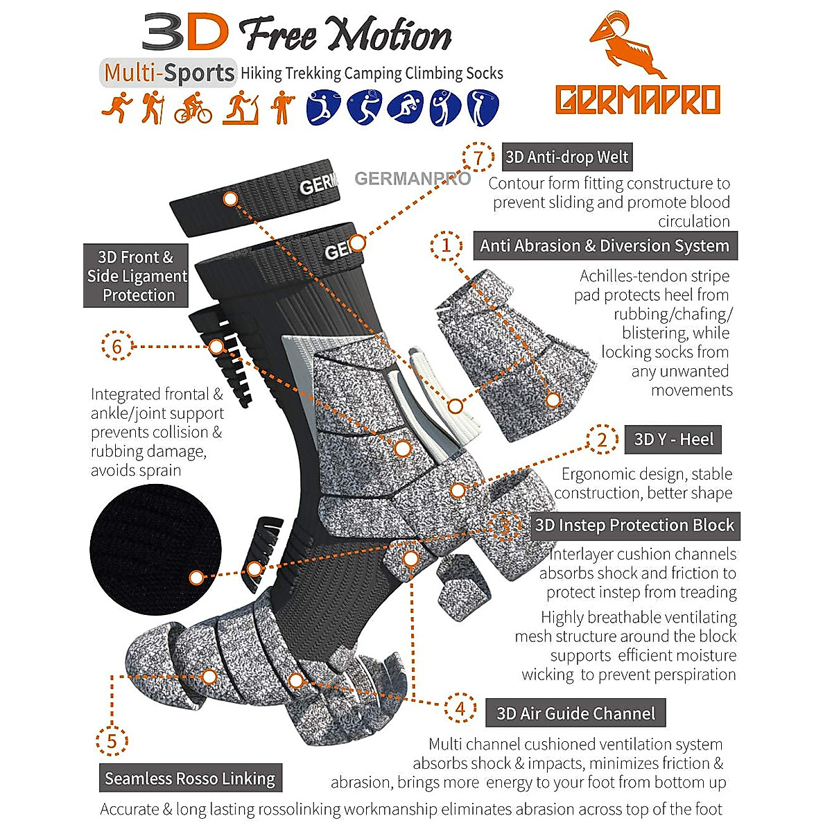 Men's Breathable Hiking Work Boot Socks w/Anti-Stress Moisture Wicking Germanium & Coolmax Fiber Lite-Compression 1/2 pr (X-Large, 2 Dark Grey Pack)