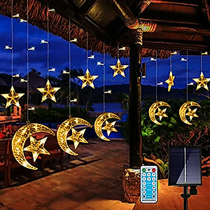 Solar Curtain Lights Outdoor Star and Moon Light 138 LED Waterproof Fairy String Lights Solar Powered 8 Modes Hanging String Lights for Window Fence Tent Garden Patio Home Outdoor Decor (Warm)