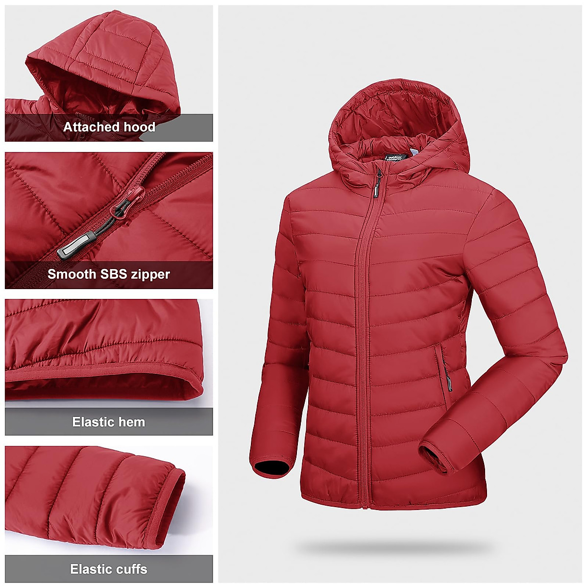 Outdoor Ventures Women's Packable Lightweight Full-Zip Puffer Jacket with Hood Quilted Winter Coat