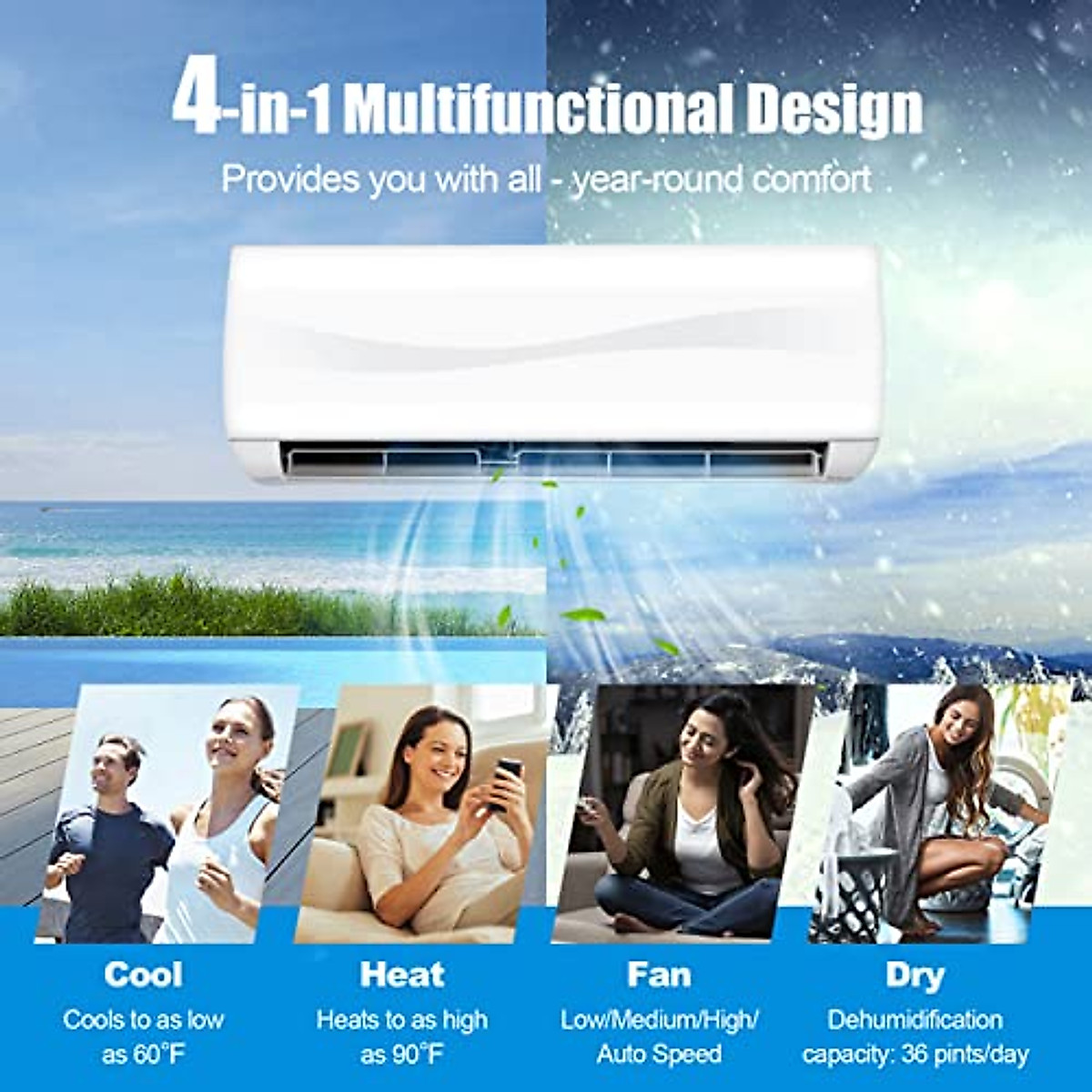 Mini Split AC, 12000 BTU Mini Split Air Conditioner & Heater Ductless Inverter System, Wall-Mounted Ductless AC cools up to 750Sq.Ft, Energy Efficient Inverter AC with Heat Pump; Installation Kit