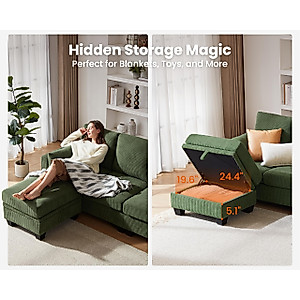 CHIC HOUSE Modular Sectional Sofa Corduroy Couch, Customizable U-Shaped Sofa with Storage Ottoman, Reversible Chaise for Living Room, Oversized L-Shaped Sofa Set (Green, 4 Seater Sectional)