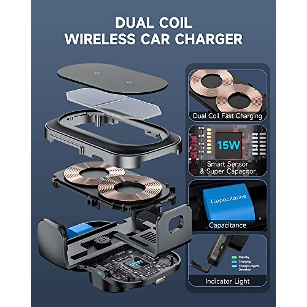【Dual Coils & 2 Vent Mounts】 Wireless Car Charger, Casunit 15W Dual Coil Fast Charging Auto-Clamping Car Mount for iPhone 14 13 12 Pro Max Mini/Samsung Galaxy Z Flip 4 (Black)