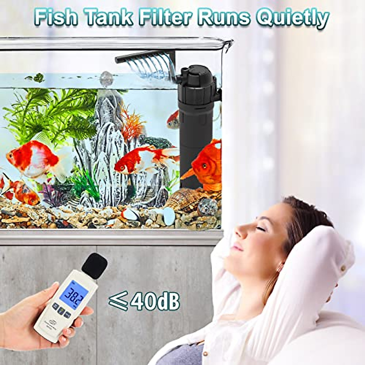 U-V Fish Tank Filter, 5 in 1 Aquarium Filter Media Submersible Internal Filter Adjustable Water Outlet Direction Canister Pump 5-20 Gallon Filters for Aquarium Tank, Fish Tank, Turtle Tank, 96 GPH
