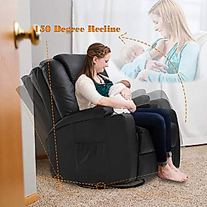 Massage Recliner Chair Rocking Swivel Chair with Heated Massage Ergonomic Lounge 360 Degree Swivel Single Sofa Seat and Two Hidden Cup Holders (Black)