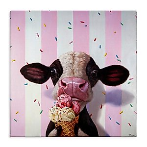 Stupell Industries Cute Baby Cow with Ice Cream Cone Pink Stripes, Designed by Lucia Heffernan Canvas Wall Art, 24x24, Brown