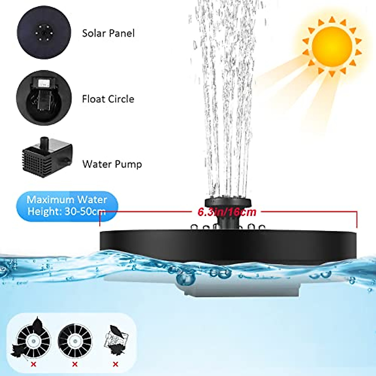 Solar Fountain Pump for Bird Bath, 3W Bird Bath Fountains Solar Power with 7 Nozzles & 4 Fixers LED Light Floating Outdoor Solar Water Fountain Pump for Pool, Garden, Pond, Birdbath, And Fish Tank