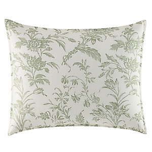 Laura Ashley Home - Queen Duvet Cover Set, Reversible Cotton Bedding, Includes Matching Shams with Bonus Euro Shams & Throw Pillows (Natalie Green, Queen)