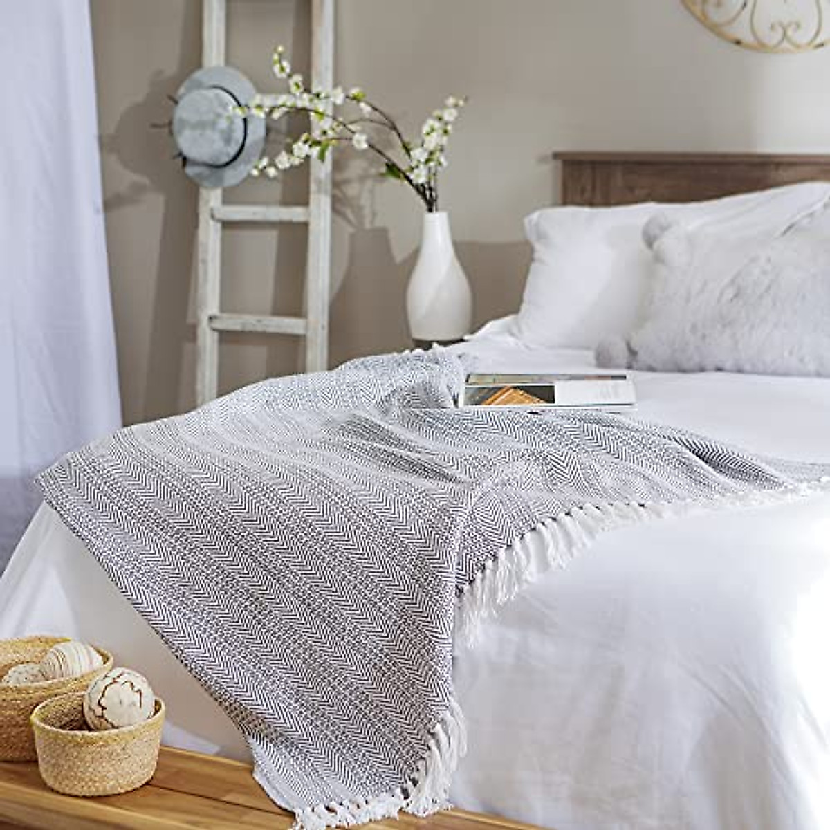 DII Herringbone Striped Collection Cotton Throw Blanket, 50x60, Gray