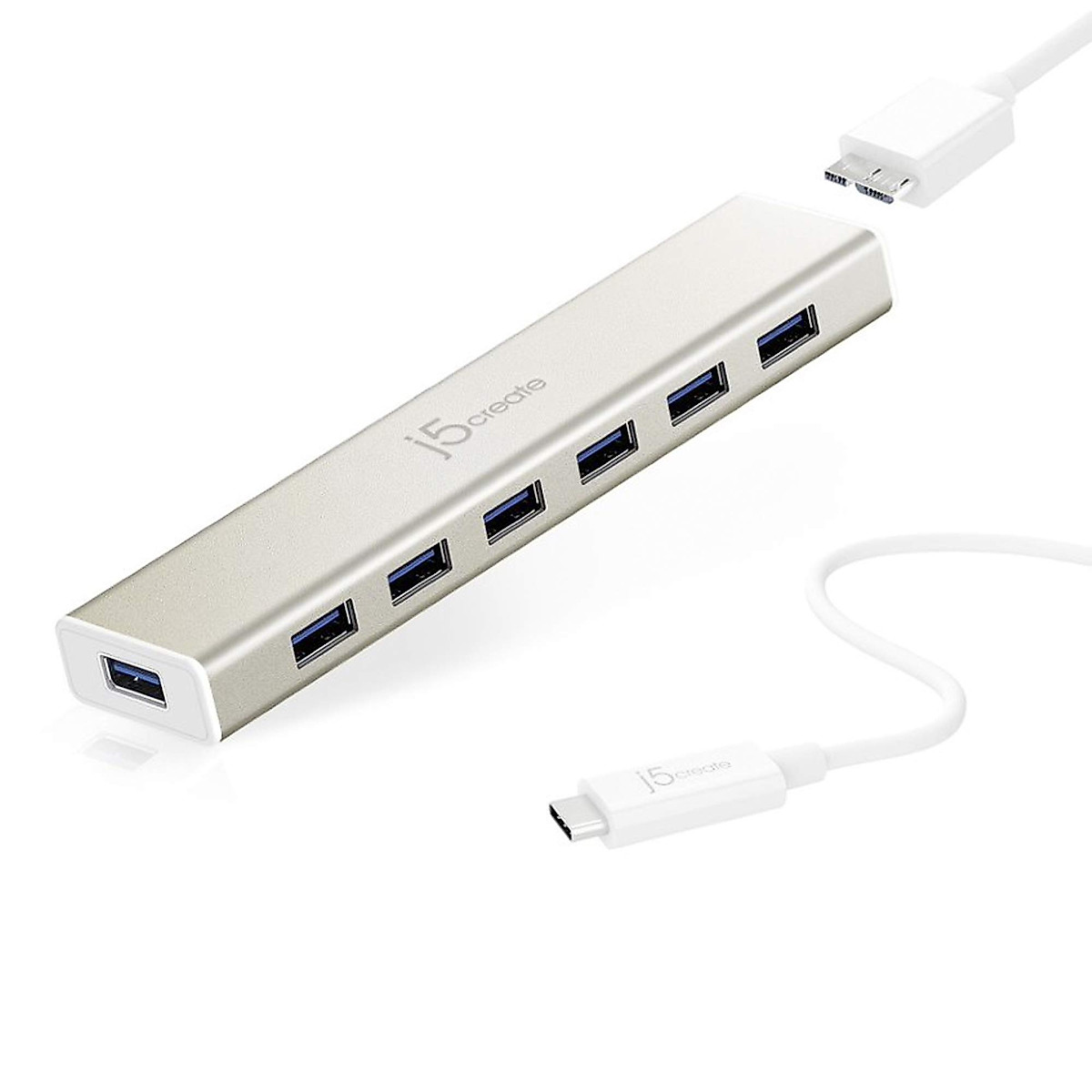 j5create USB Type-C to 7-Port USB 3.0 Data Hub with 3 ft Extended Cale [20W Power Adapter Included] for Mac, MacBook, Windows, Laptop, Surface, XPS, Chromebook, PC (JCH377)