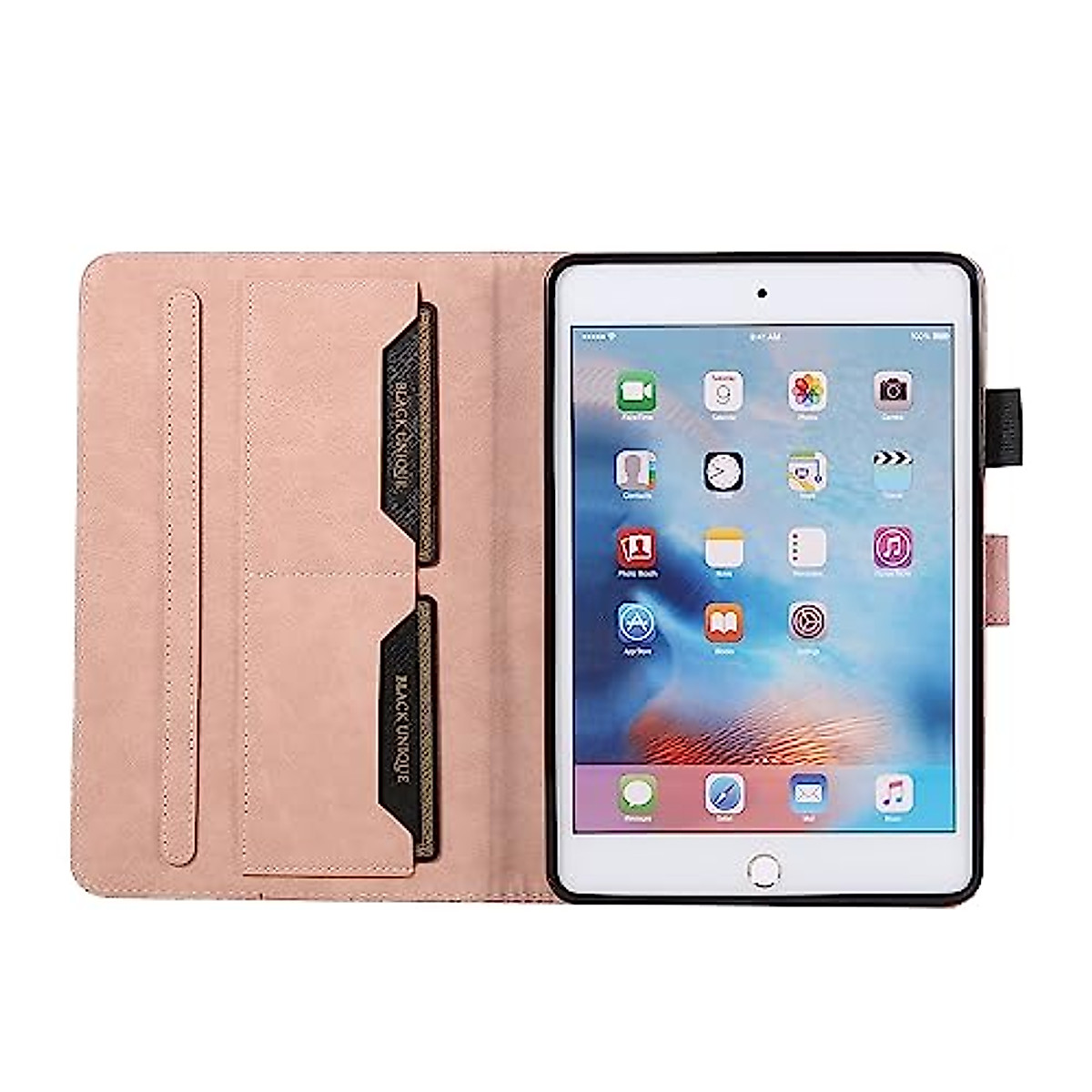 Business Special Butterfly Phonogram Pattern Cover with 2 Credit Card Slots Pencil Holder Kickstand Protective Case for iPad Air 2/iPad 6/Pro 9.7"-Pink