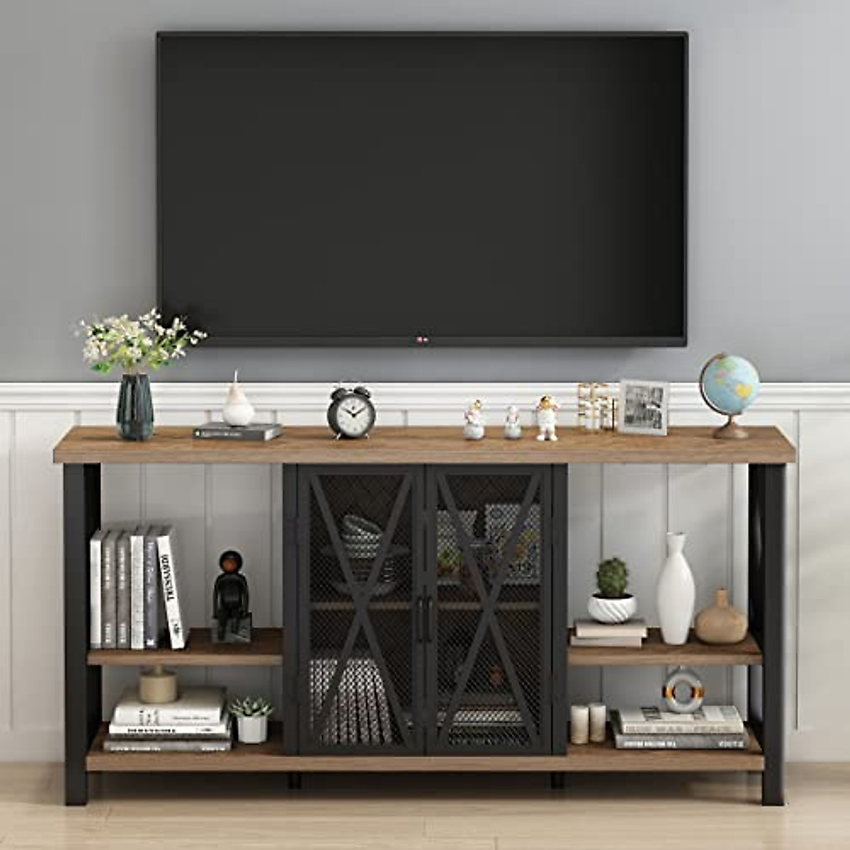 O&K FURNITURE Wine Bar Cabinet for Liquor and Glass with Storage & LED Lights, Rustic Metal Wood Wine Rack Buffet Cabinet, Industrial Coffee Bar Cabinet for Living Room, Home Bar (Brown)