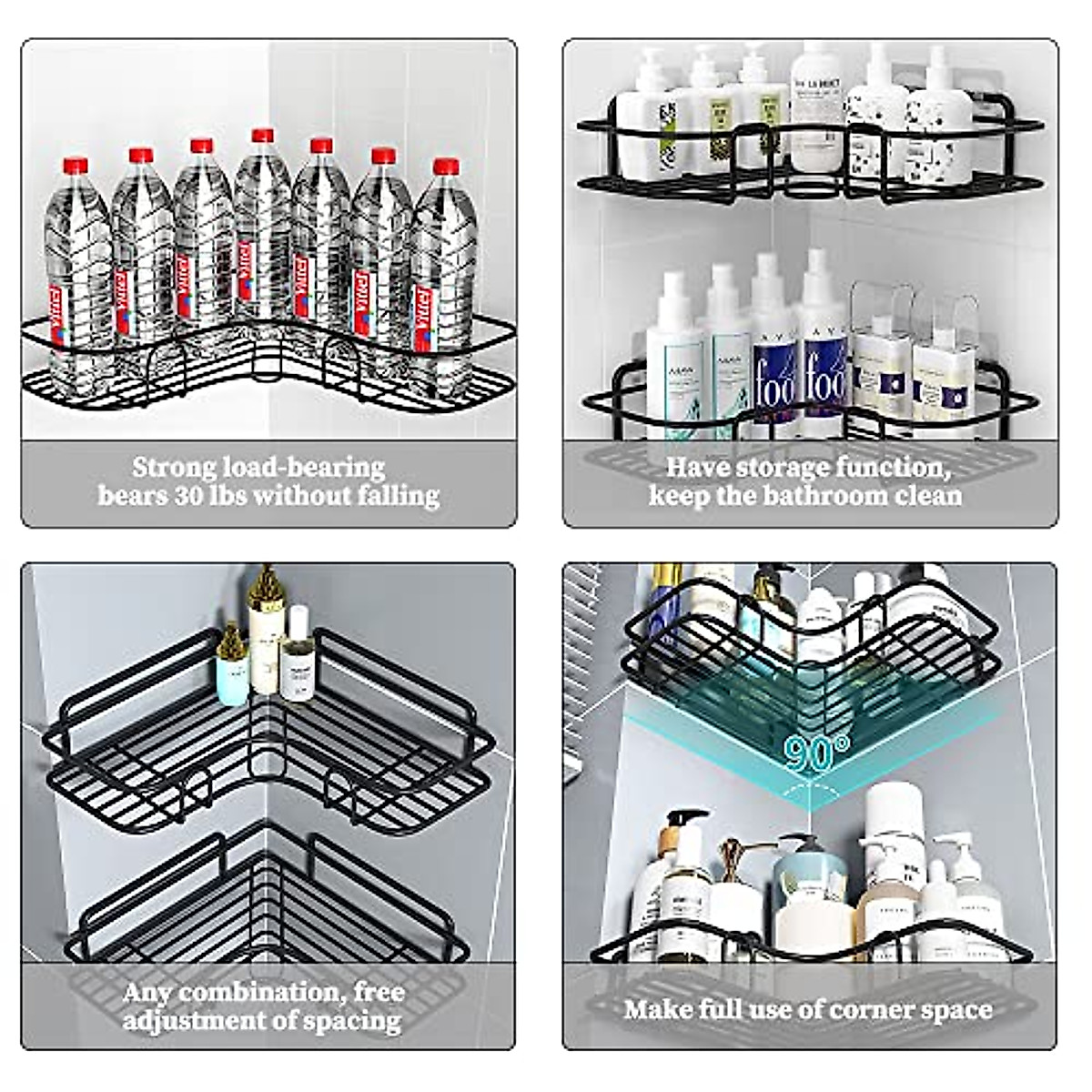 Corner Shower Caddy, Bathroom Accessories for Bathroom Storage, 2-Pack No Drilling RustProof Stainless Steel Shower Rack Wall Shelves Organizer, 1 Soap Holder with 8 Adhesive Hooks, Black