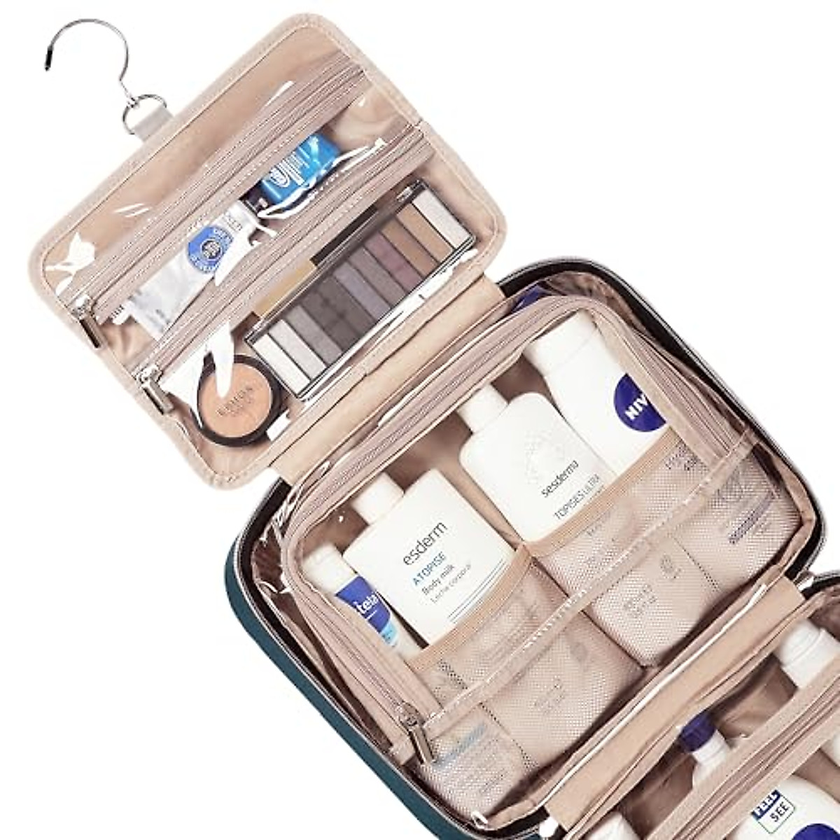 NISHEL Travel Toiletry Bag for women, Portable Hanging Organizer for Full-Sized Shampoo, Conditioner, Brushes Set, Makeup Accessories, Large Size, Lake-Blue