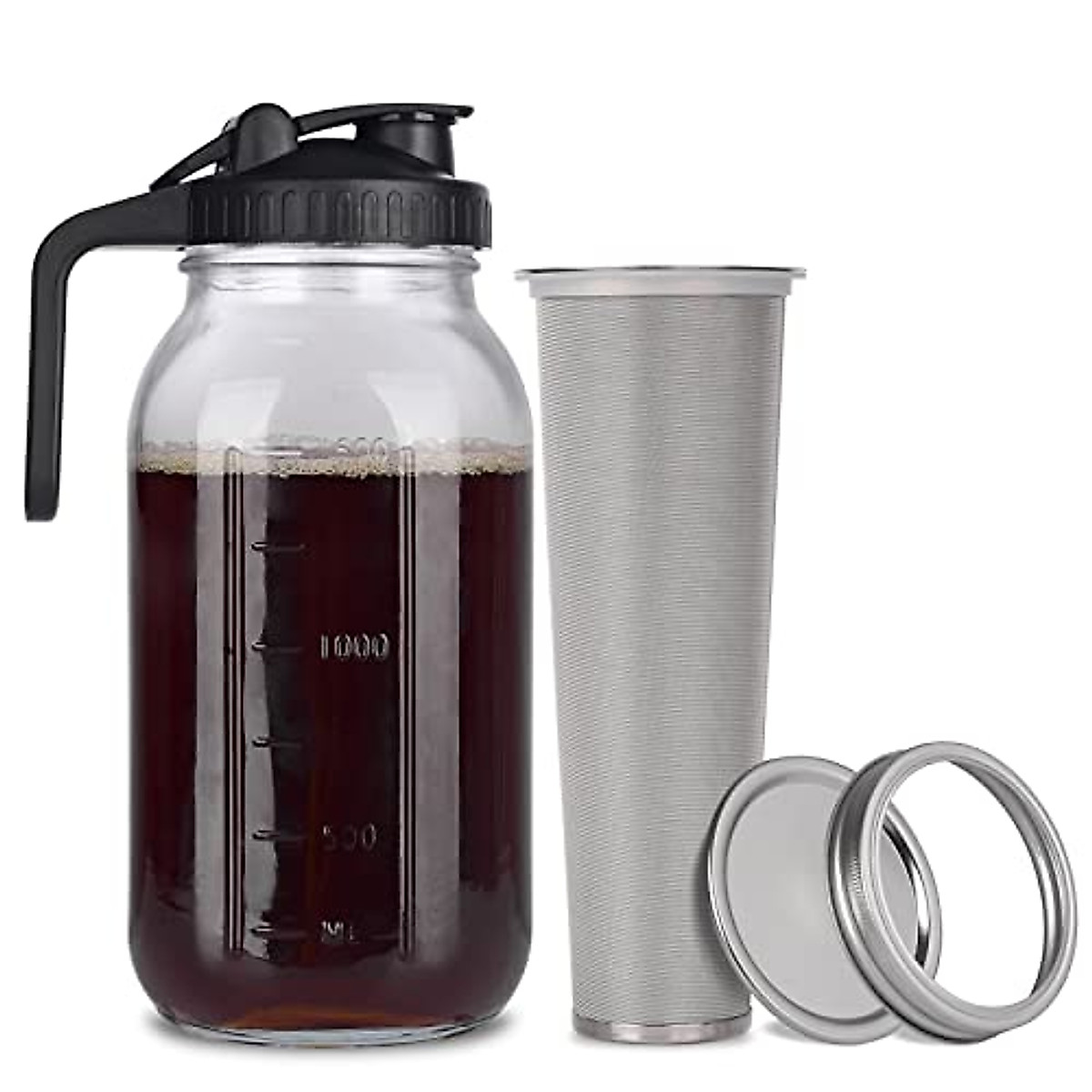 Cold Brew Mason Jar iced Coffee Maker, Durable Glass, - 64 oz (2 Quart / 1.9 Liter), With Handle& Stainless Steel Filter for Iced Brew Coffee, Lemonade, Ice Tea, Homemade Fruit Drinks Container