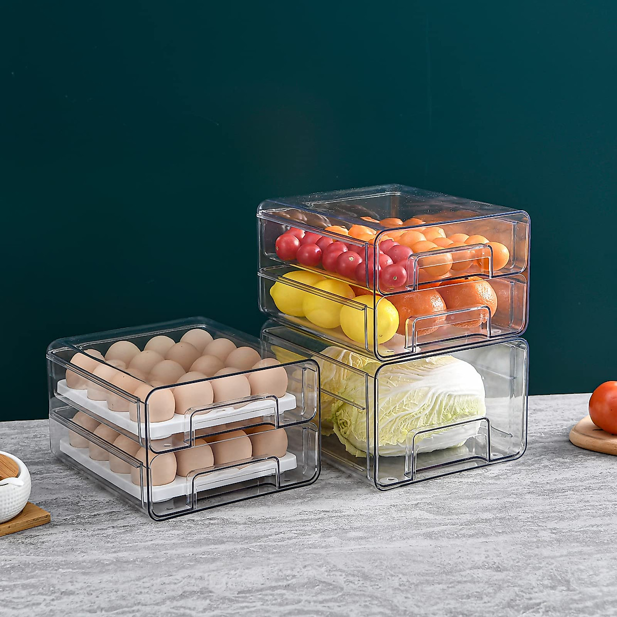 Qielie Food Storage Containers Pantry Organizer with Lids, Removable Drain Tray Fruit Vegetables Storage Rack Clear Fridge Storage Stackable Meal Fresh Keeper Bins