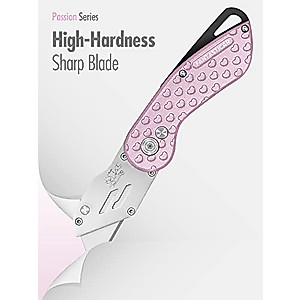 FantastiCAR Box Cutter Folding Utility Knife, Unique Metal Body, Safety Lock Button and Quick Blade Change, with Extra 5 Sharp Blades (Pink-Hearts)