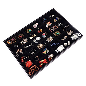 Black Velvet Stackable 36 Compartments Jewelry Tray Showcase Display Organizer Holder Rectangle Storage Box Case Containers Chest for Women Gemstone,Pendant,Key,Marble,Crystal Stone,Accessory,Diamond