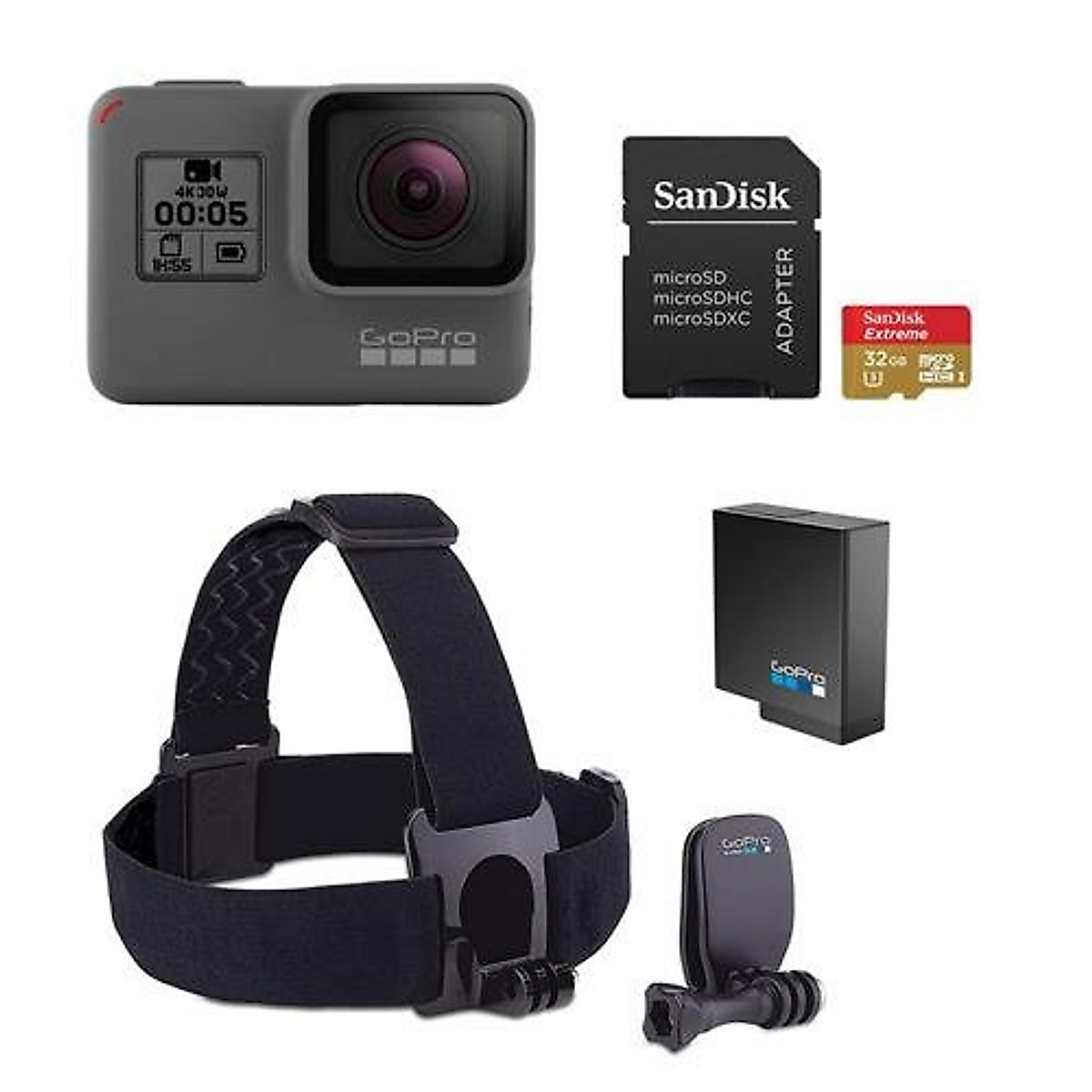 GoPro HERO5 Black - Bundle Head Strap + QuickClip, 32GB Micro SDHC U3 Card, and a Spare Battery
