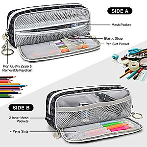 HERRIAT Large Pencil Pouch with Keychain, Durable Canvas Big Capacity Pencil Case Bag for Teen Boys Girls High School Students and Office Suppliy with 3 Compartments Marker Case(Gray Grid)